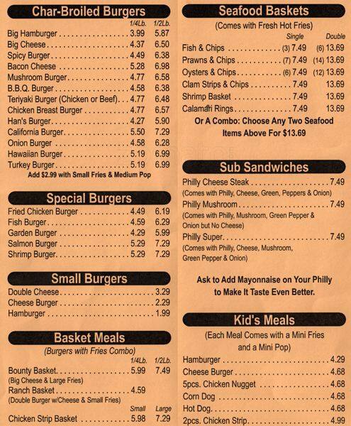 Menu at Burger Han's fast food, Federal Way