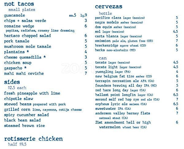 Menu at bartaco, Atlanta, Roswell Rd NE