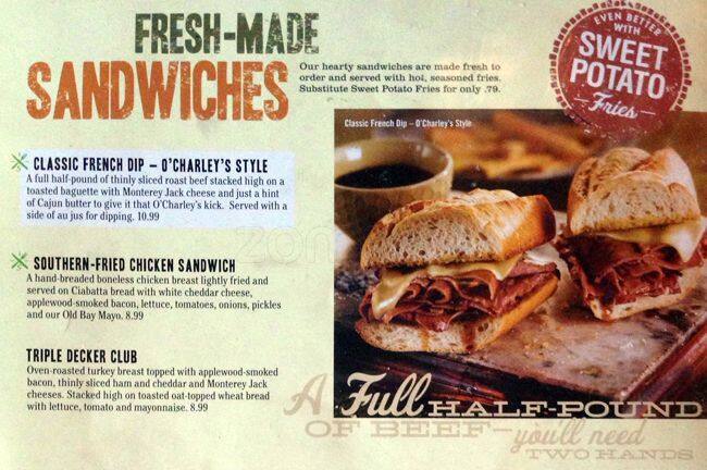 Menu at O'Charley's restaurant, Charlotte, S Tryon St