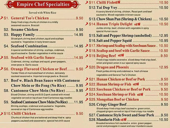 Menu at Empire Chef restaurant, Aurora, Yonge St