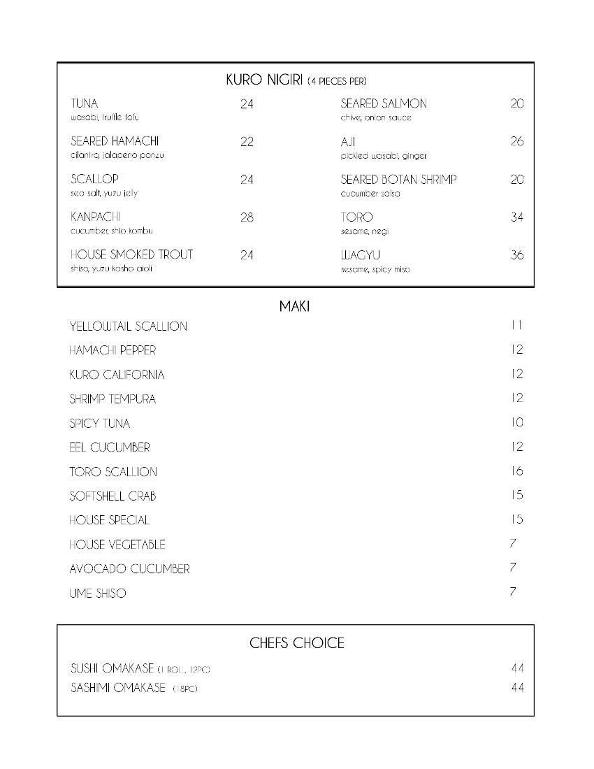 Menu at Kuro restaurant, Fort Lauderdale