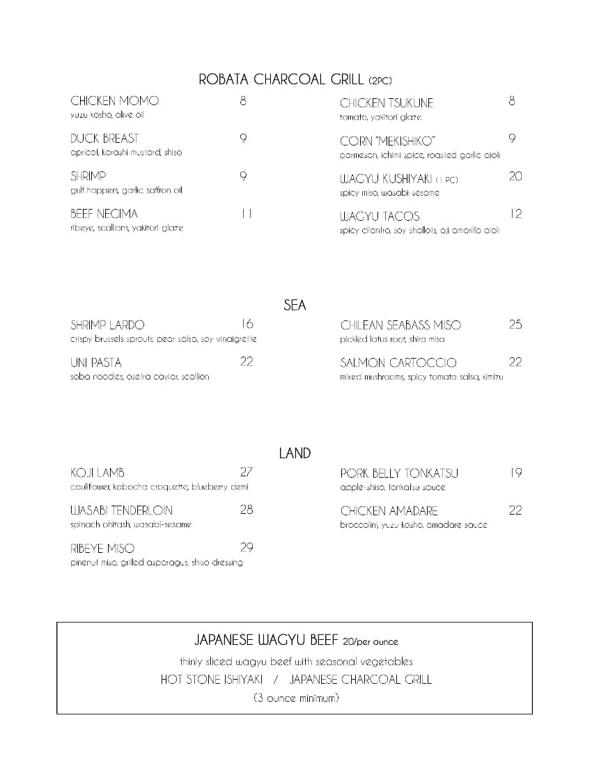 Menu at Kuro restaurant, Fort Lauderdale