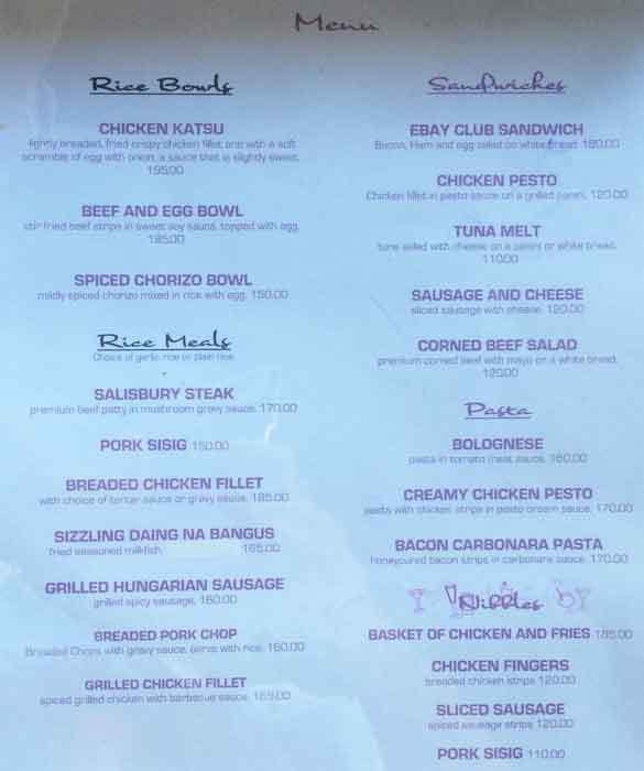 Menu at Ebay Cafe, Cebu City