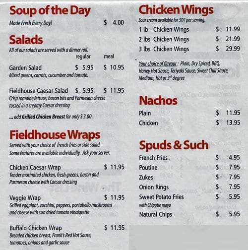 Carta de Fieldhouse Bar & Grill, Ottawa