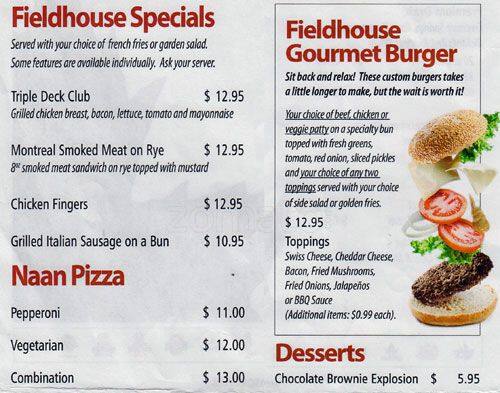 Carta de Fieldhouse Restaurant, Ottawa