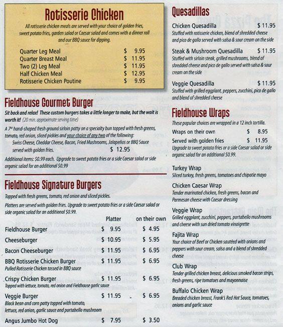 Carta de Fieldhouse Bar & Grill, Ottawa