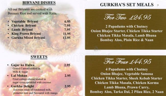 Menu at Gurkha Durbar, Feltham