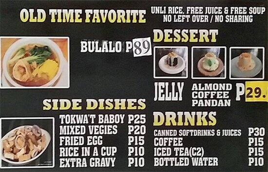 Carta del restaurante Unang Panahon Bulalohan, Pasay