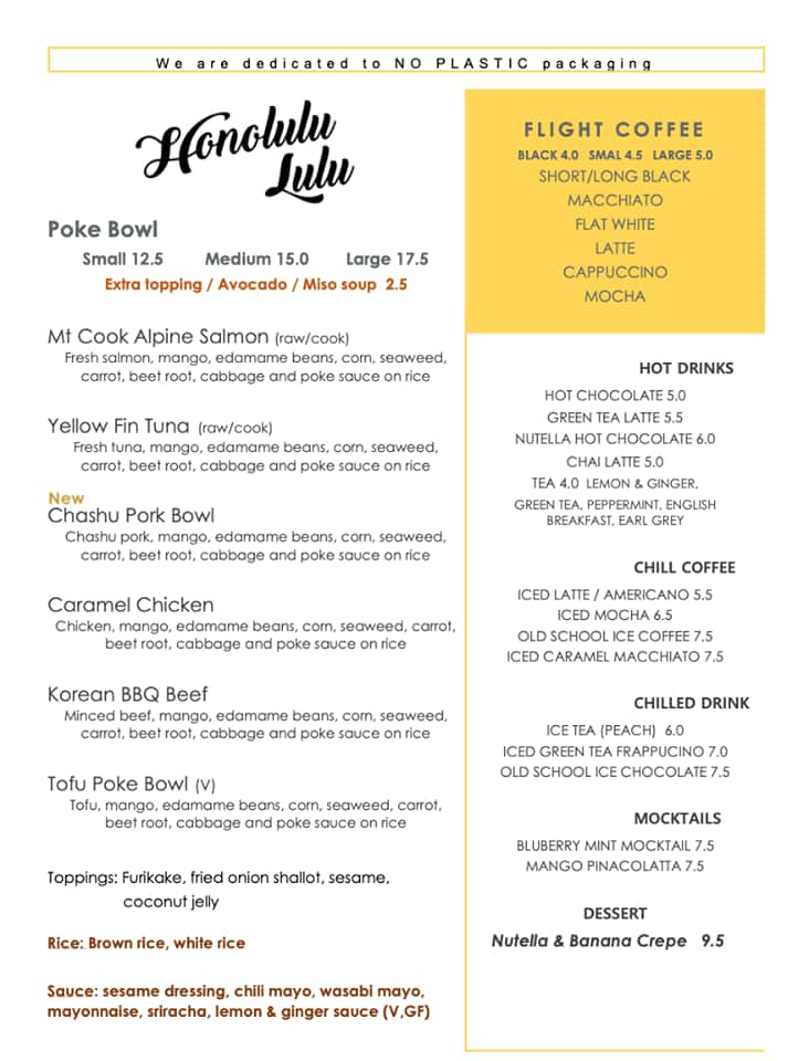 Menu at Honolulu Lulu cafe, Auckland, 1 Bremner Ave