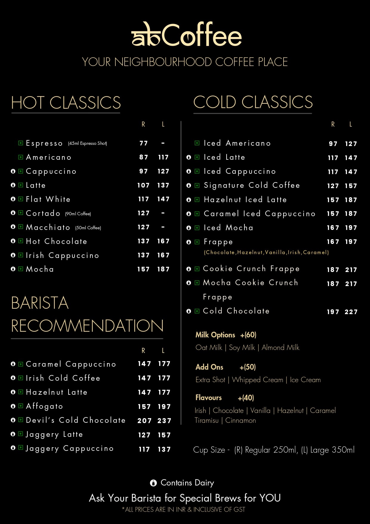 Menu of abcoffee, Kurla, Mumbai