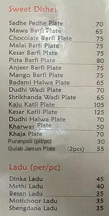 Menu of Panshikar, Dadar West, Mumbai