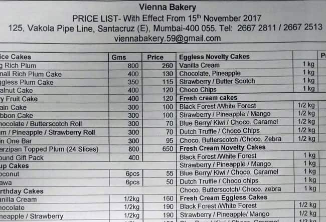 Menu at Vienna Bakery, Mumbai, Church