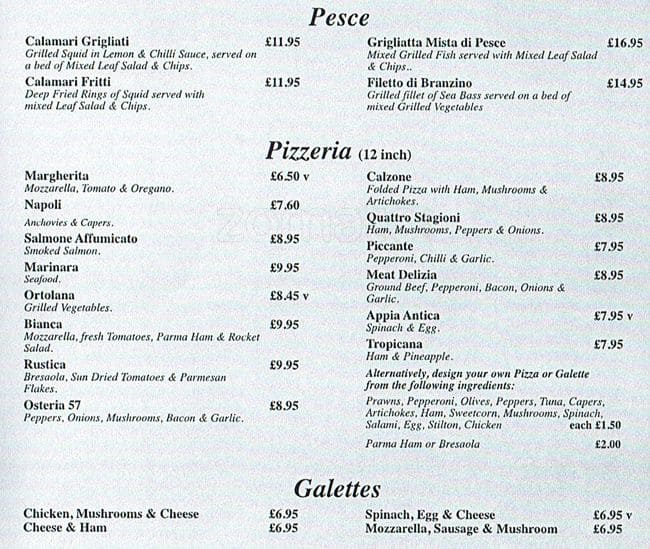 Menu at L'Osteria 57 pizzeria, London