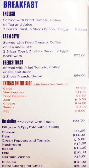 Menu at Pinto's Coffee Shop cafe, Cape Town