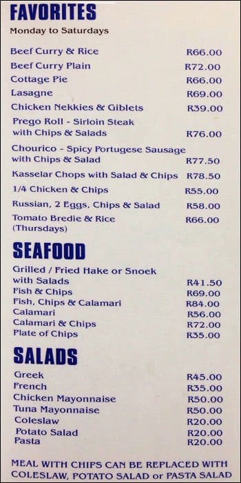 Menu at Pinto's Coffee Shop cafe, Cape Town