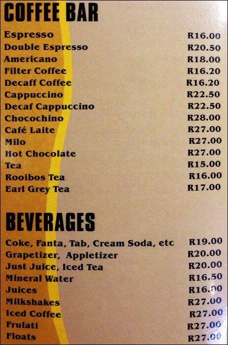 Menu at Pinto's Coffee Shop cafe, Cape Town