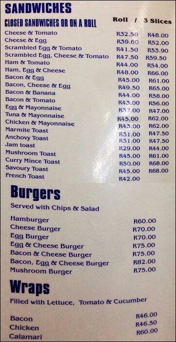 Menu at Pinto's Coffee Shop cafe, Cape Town