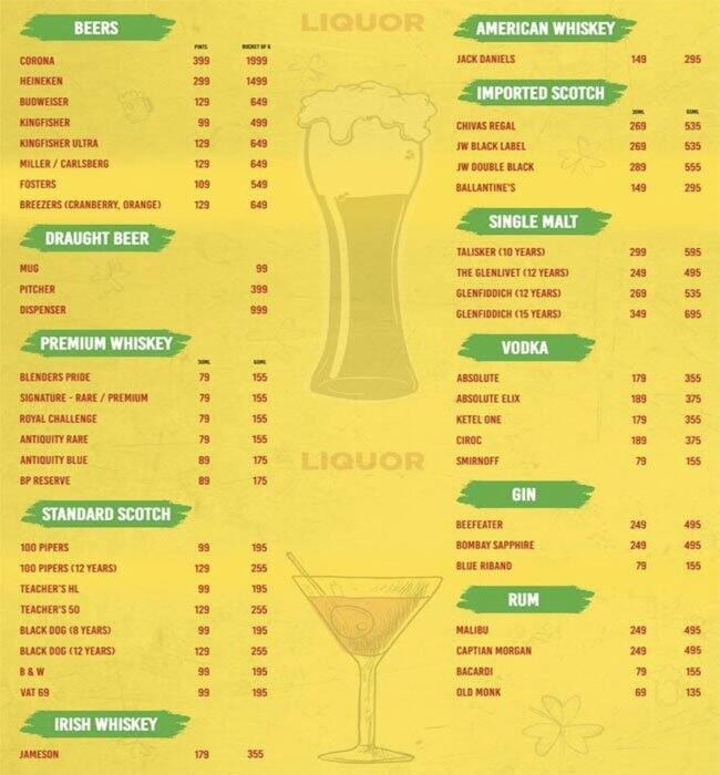Menu at Shamrock The Irish Bar, Hyderabad