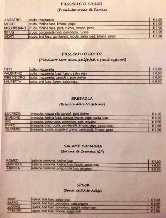 Menu at Blue Eyes pub & bar, Milan, Via Santa Tecla