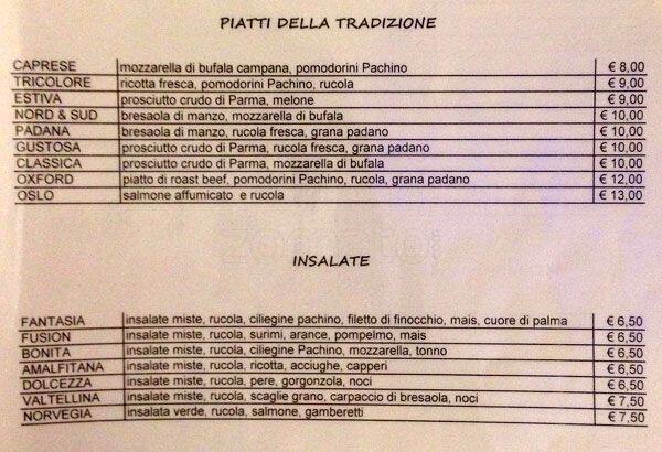 Menu at Blue Eyes pub & bar, Milan, Via Santa Tecla