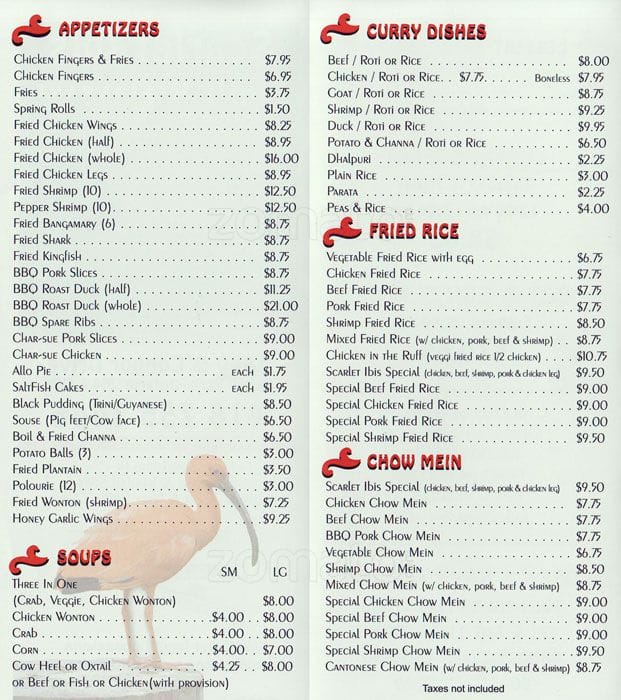 Menu at Scarlet Ibis restaurant, Toronto