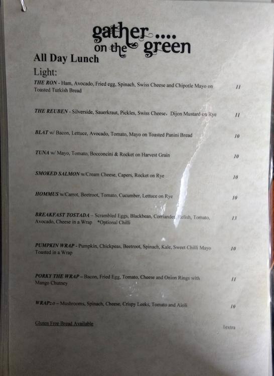 Menu at Gather On The Green restaurant, Camperdown