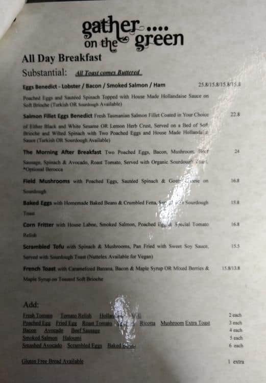 Menu at Gather On The Green restaurant, Camperdown