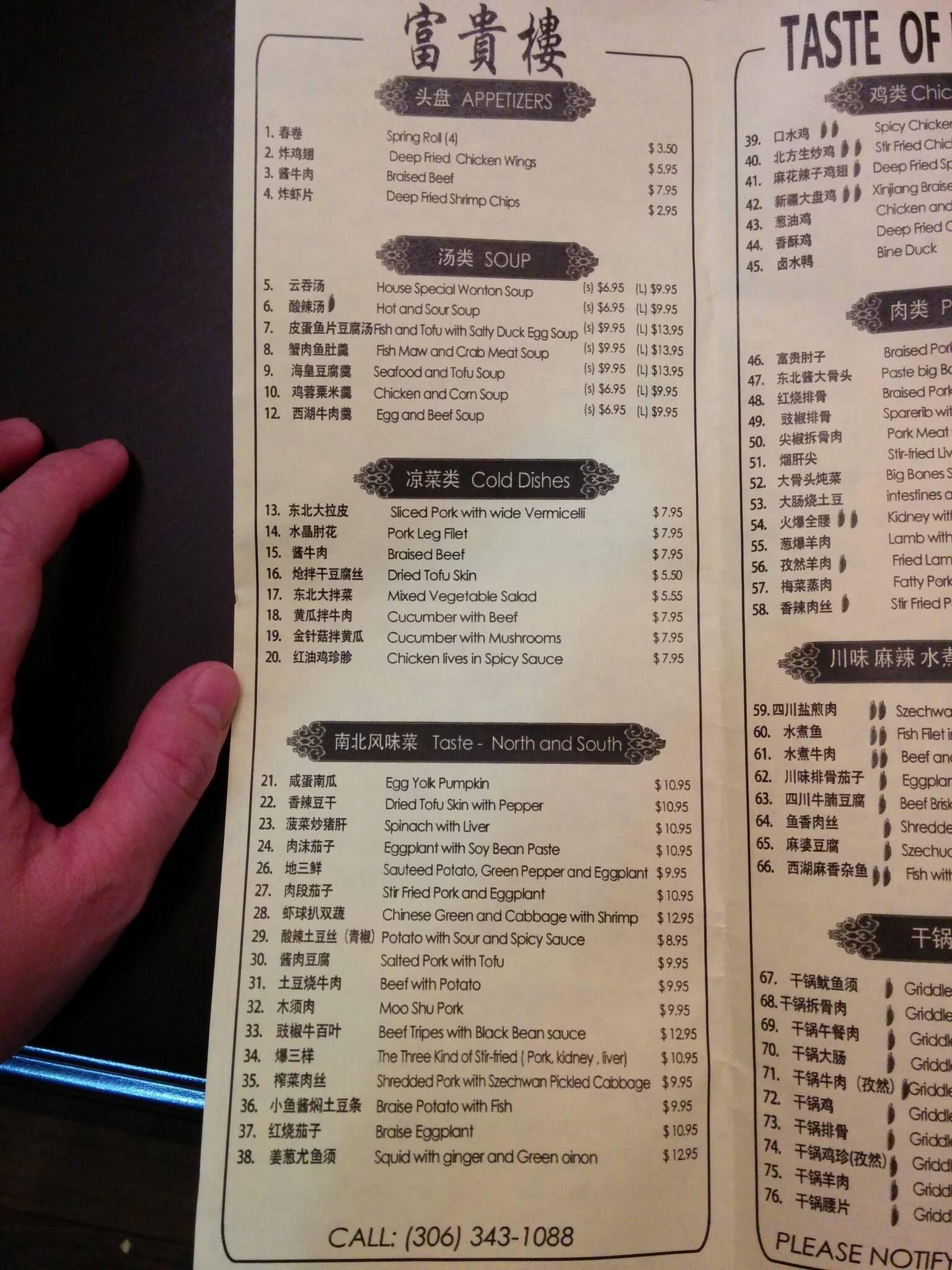 Menu at Taste of Excellence restaurant, Saskatoon