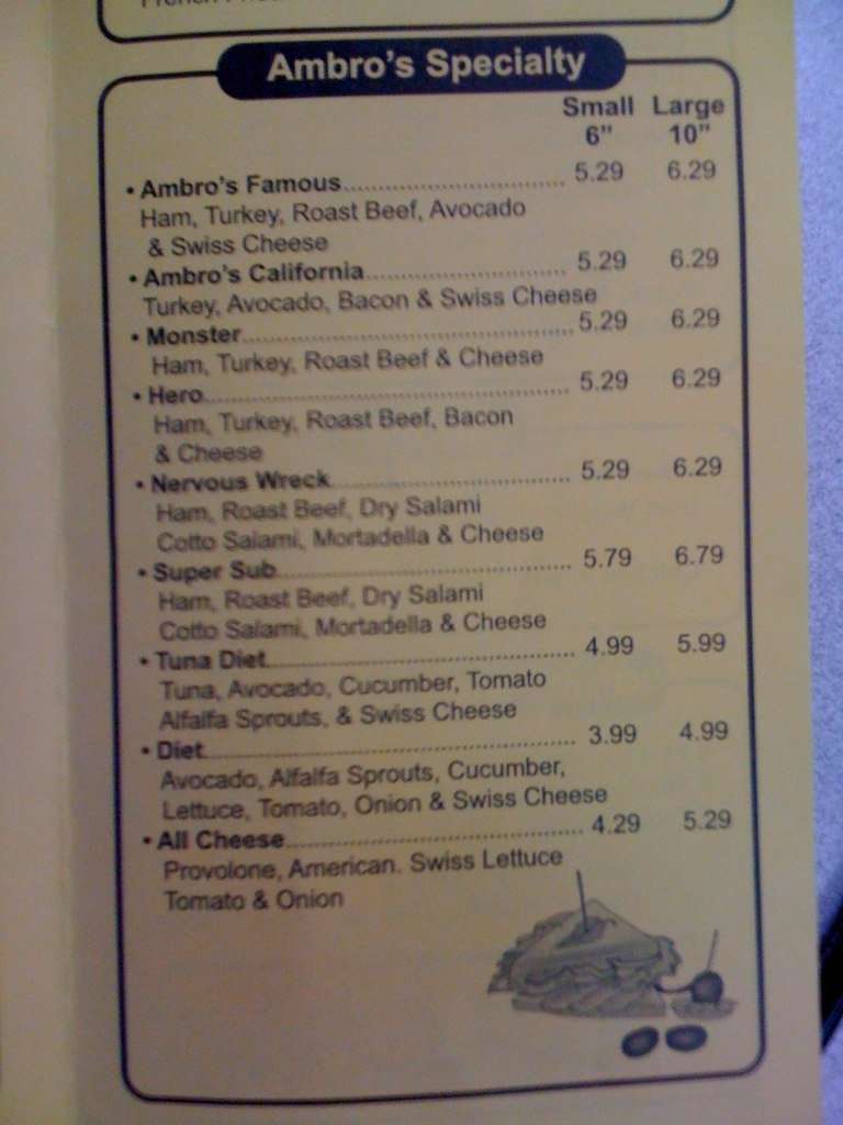 Menu at Ambros Sandwich restaurant, San Dimas