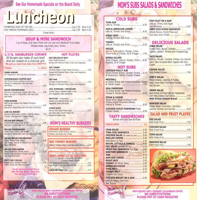 Menu at Mom's Kitchen restaurant, Fort Lauderdale