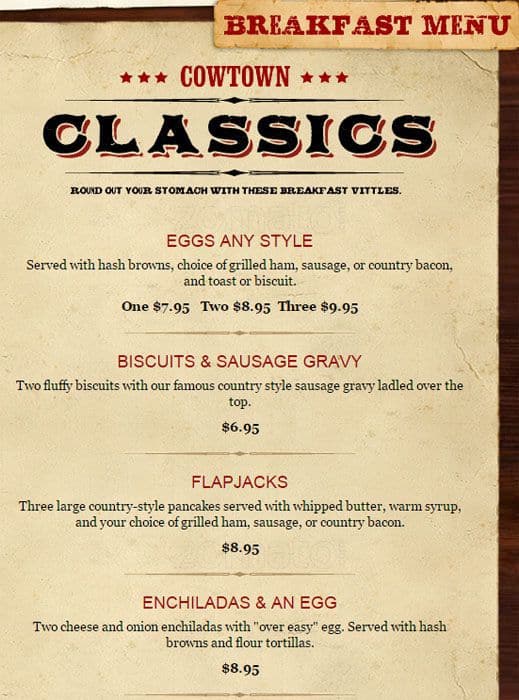 Menu at H3 Ranch steakhouse, Fort Worth