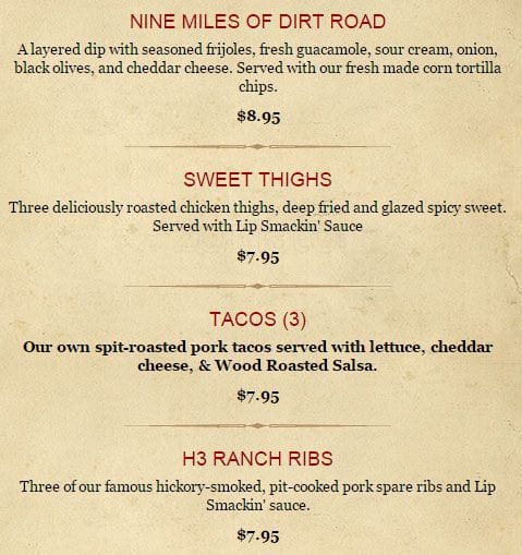 Menu at H3 Ranch steakhouse, Fort Worth