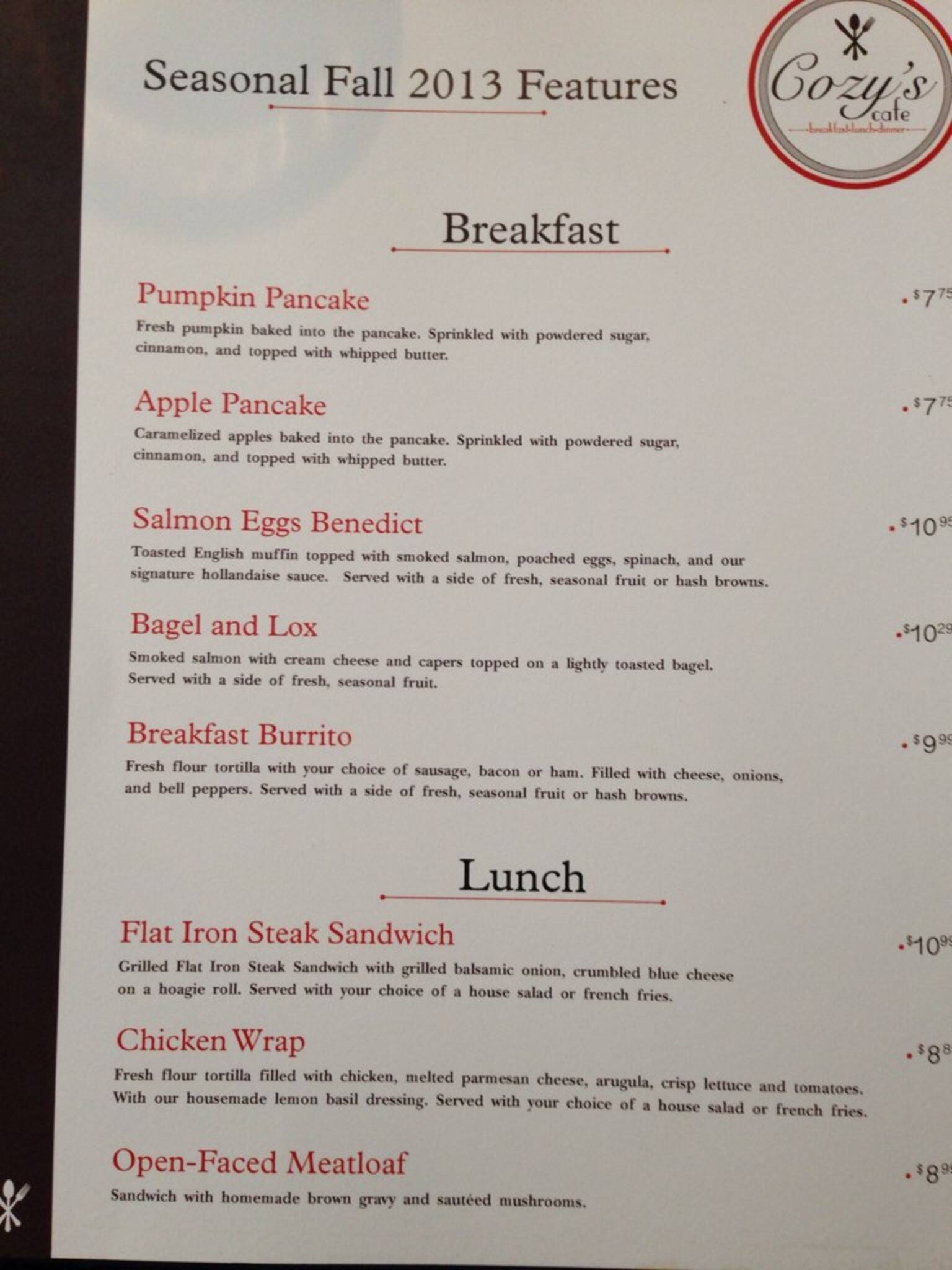 Menu at Cozy's Cafe, Overland Park