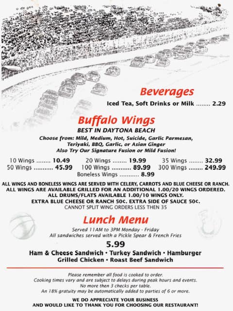 Menu at South Turn Lounge & Restaurant, Daytona Beach