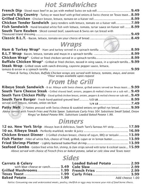 Menu at South Turn Lounge & Restaurant, Daytona Beach