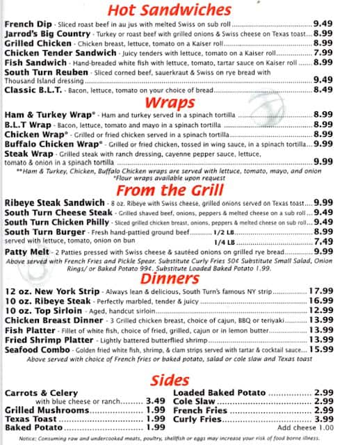 Menu at South Turn Lounge & Restaurant, Daytona Beach