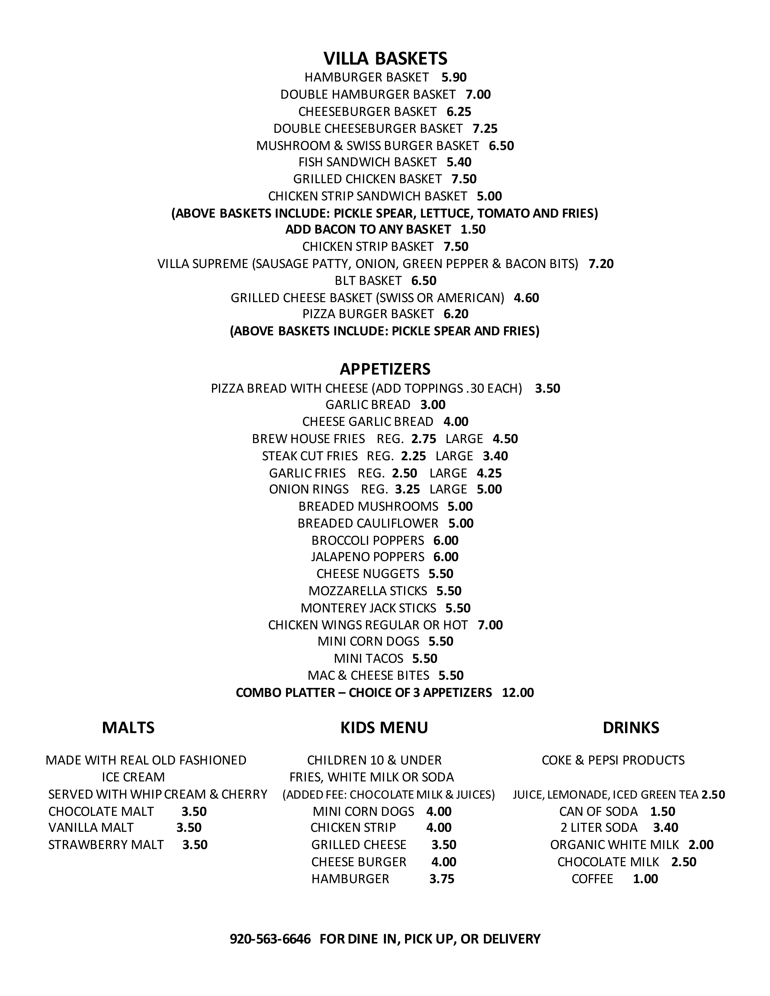 Menu at Pizza Villa pizzeria, Fort Atkinson