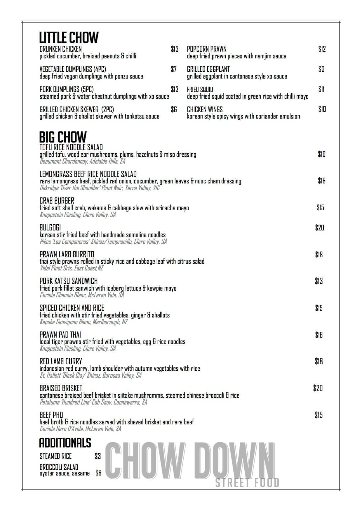 Menu at Chow Down fast food, Brisbane City