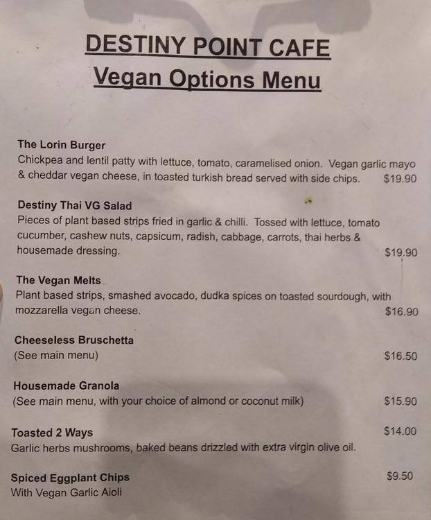 Menu at Destiny Point Cafe, Kalorama