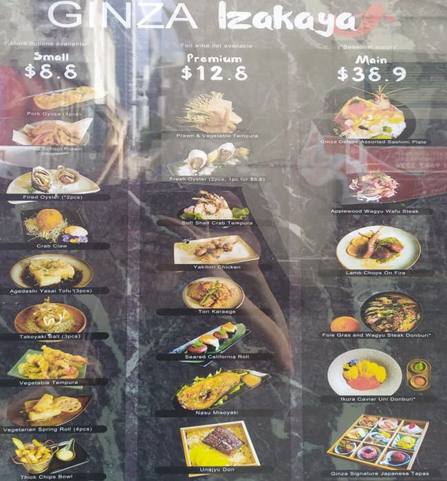 Menu at Ginza Izakaya restaurant, Melbourne