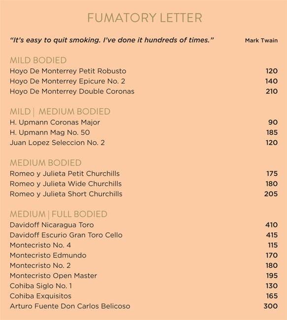 Menu of Cigar Lounge - Address Downtown, Downtown Dubai, Dubai