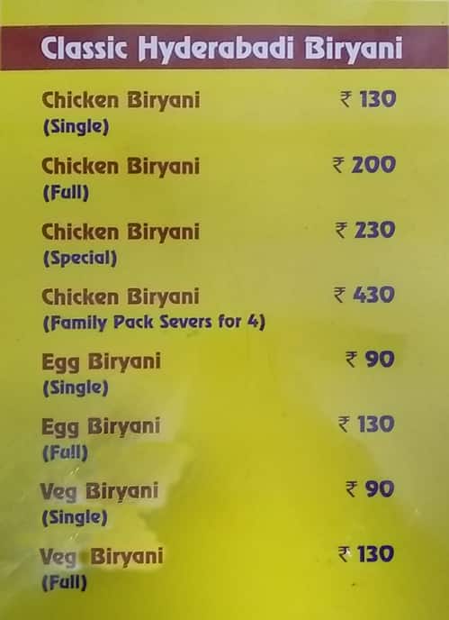 Menu at Classic hyderabadi biryani, Secunderabad
