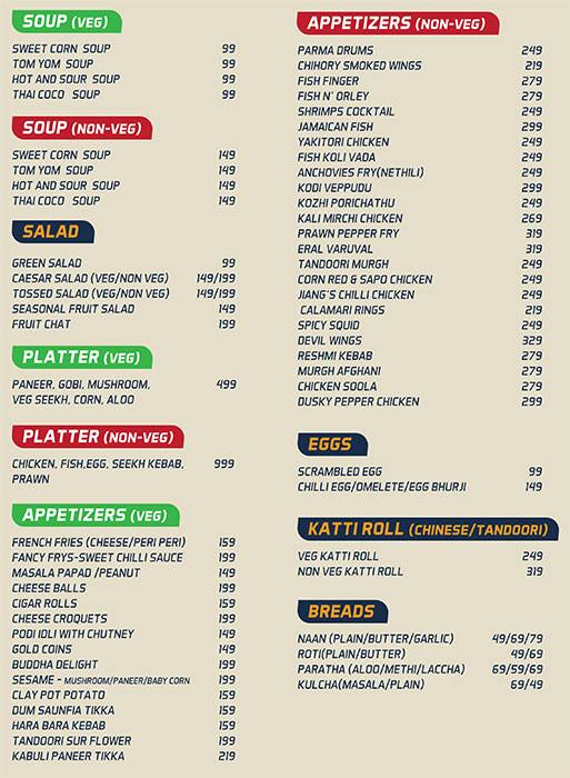 Menu at The Dusky Garage, Chennai