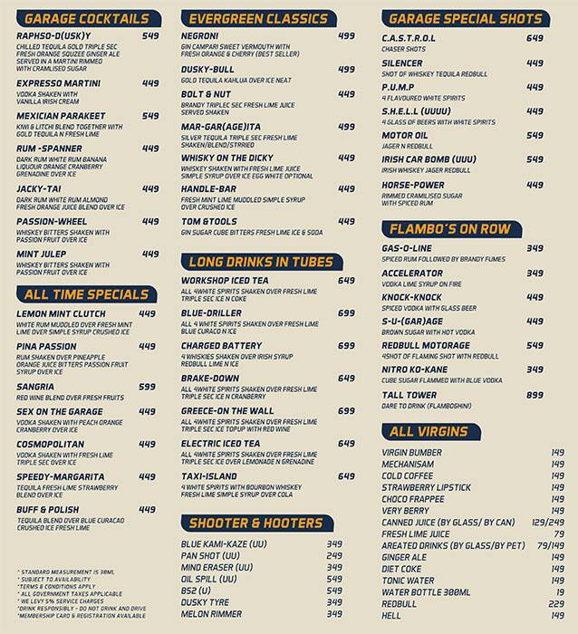 Menu at The Dusky Garage, Chennai