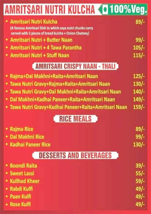 Menu of Amritsari Kulcha King, NIT, Faridabad