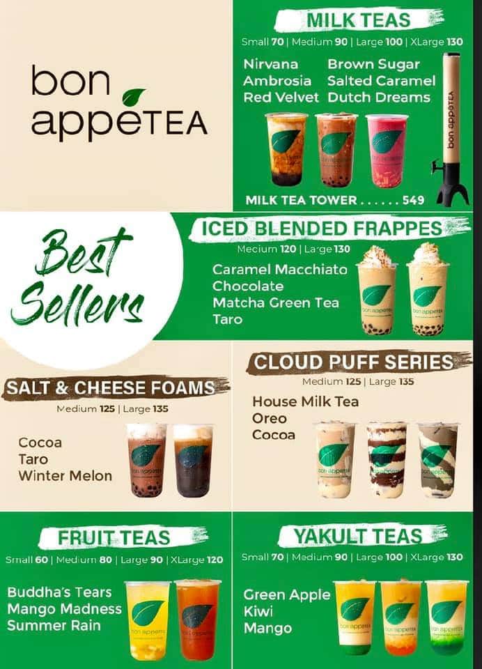 Menu at Bon AppeTea cafe, Manila, 945 Estrada