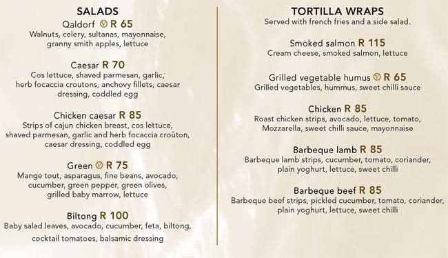 Menu at The Ruby Bar at Crystal Towers, Cape Town