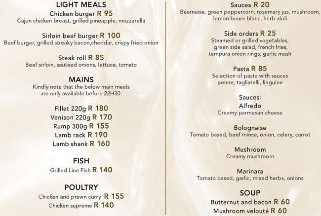 Menu at The Ruby Bar at Crystal Towers, Cape Town