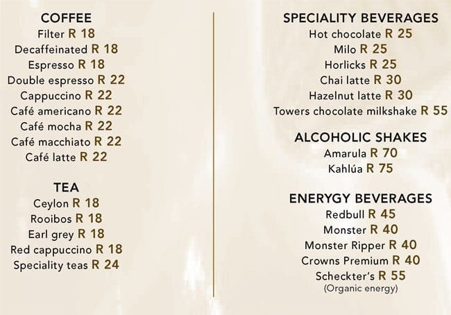 Menu at The Ruby Bar at Crystal Towers, Cape Town