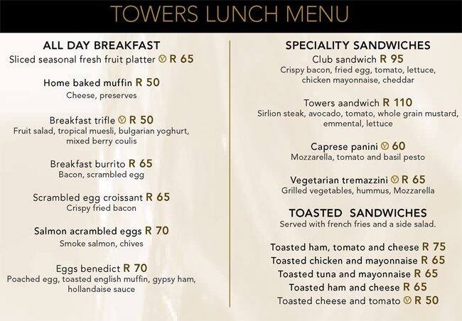 Menu at The Ruby Bar at Crystal Towers, Cape Town